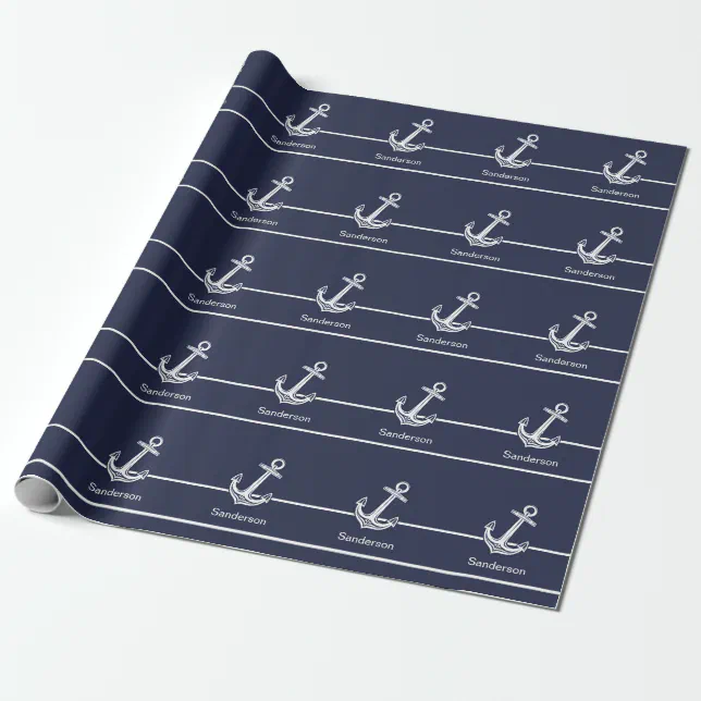 Custom Nautical Anchor Ocean Navy Blue Wrapping Paper | Zazzle