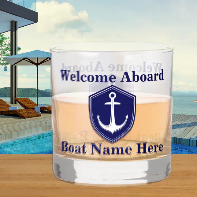 Custom Nautical Boat Name Anchor Navy Blue Whiskey Glass | Zazzle