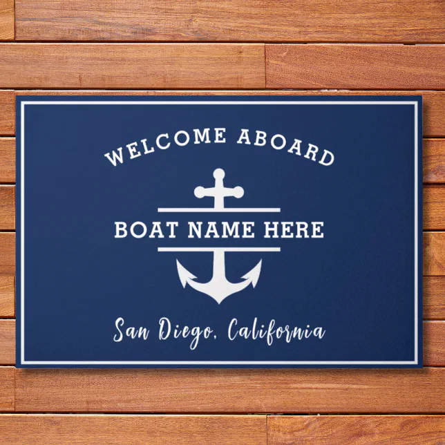 Custom Nautical Boat Name Welcome Aboard Anchor Doormat | Zazzle