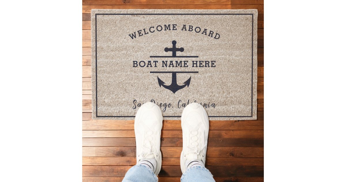 Custom Nautical Boat Name Welcome Aboard Anchor Fiber Doormat | Zazzle