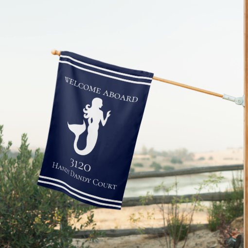 Custom Nautical White Navy Blue Mermaid House Flag | Zazzle