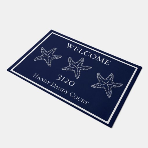 Custom Nautical White Navy Blue Starfish Doormat | Zazzle