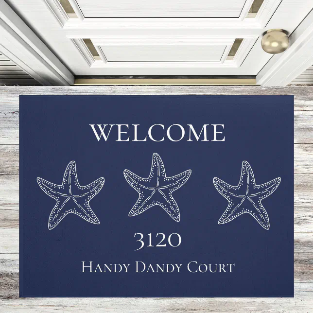 Custom Nautical White Navy Blue Starfish Doormat | Zazzle