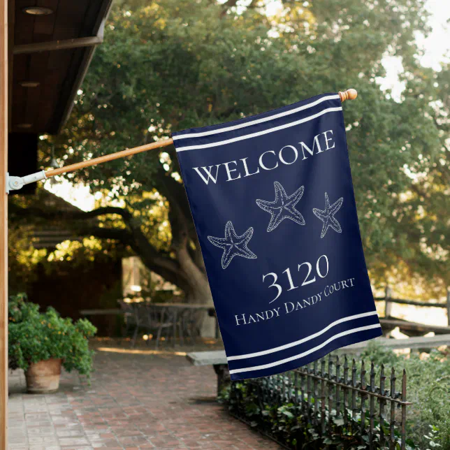 Custom Nautical White Navy Blue Starfish House Flag | Zazzle