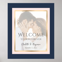 Custom Navy Blue Blush Gold Photo Welcome Sign | Zazzle