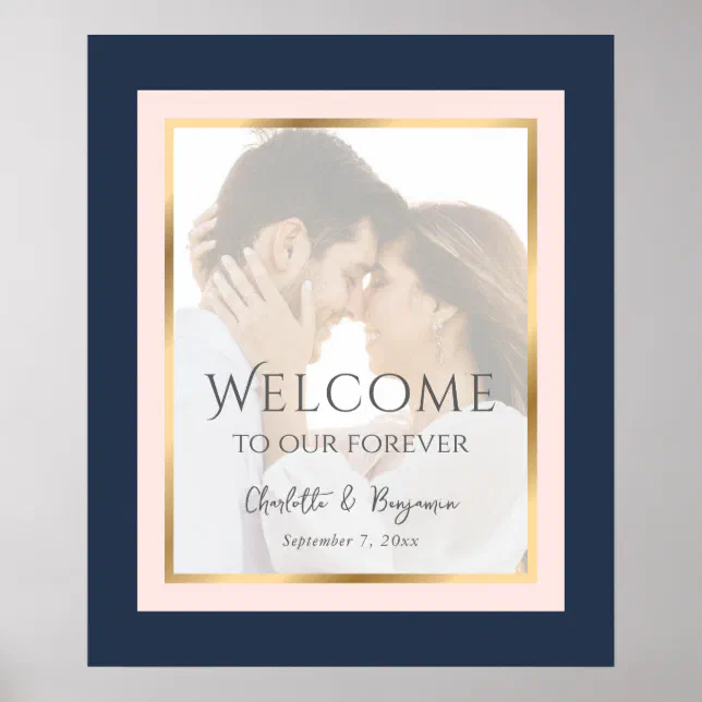 Custom Navy Blue Blush Gold Photo Welcome Sign | Zazzle