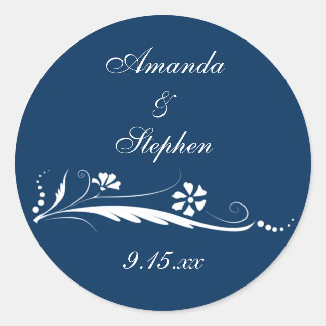 Custom Navy Blue Floral Wedding Favor Stickers | Zazzle