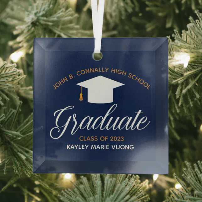 Custom Navy Blue Graduation High School Keepsake Glass Ornament | Zazzle