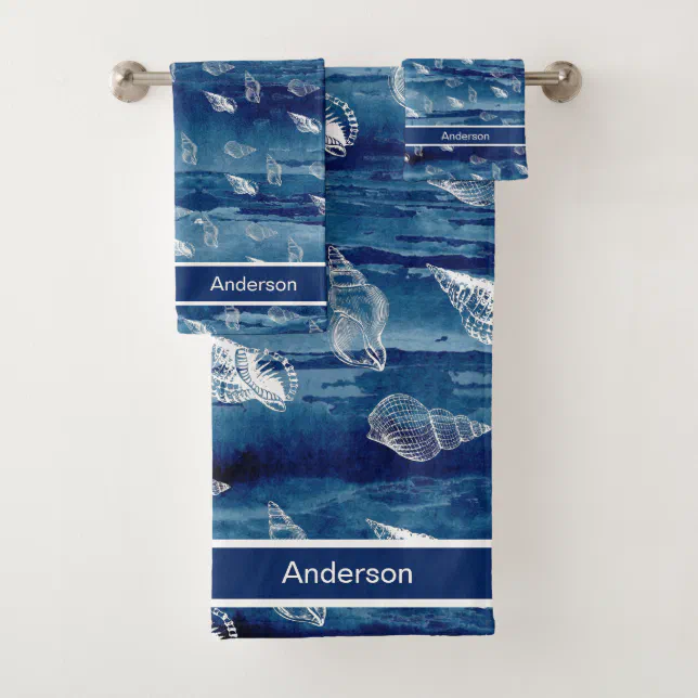 Custom Navy White Nautical Seashell Bathroom Bath Towel Set | Zazzle