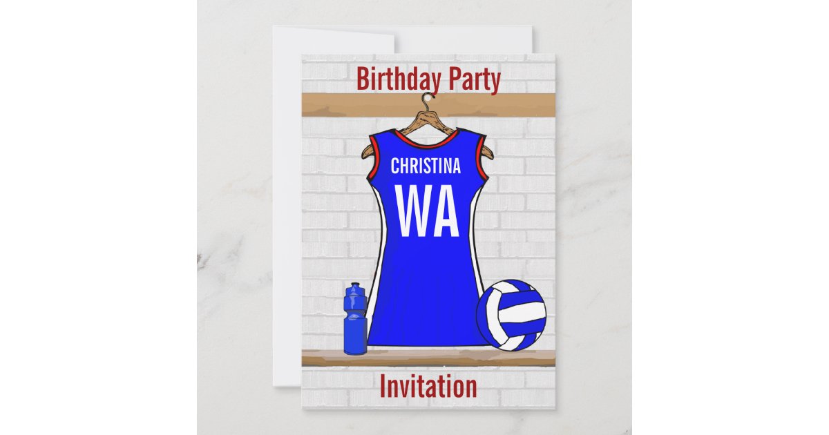 Custom Netball Uniform Blue with red and White Invitation | Zazzle