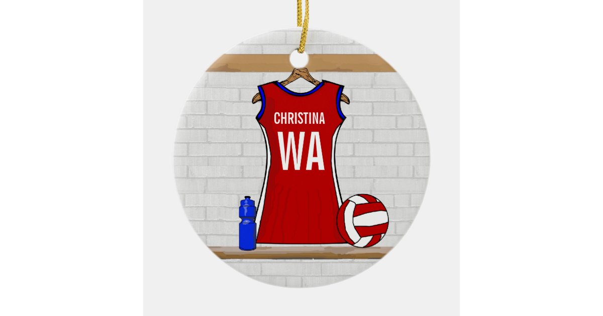 Custom Netball Uniform Red with Blue and White Ceramic Ornament | Zazzle