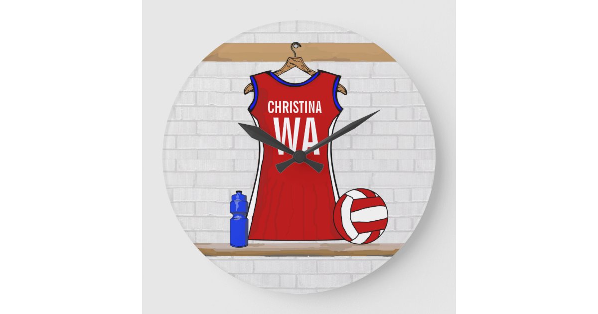 Custom Netball Uniform Red with Blue and White Large Clock | Zazzle