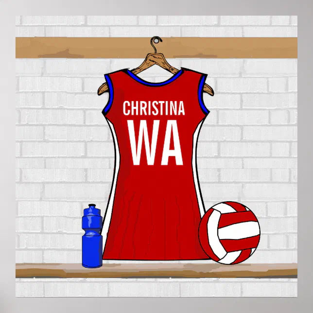 Custom Netball Uniform Red with Blue and White Poster | Zazzle