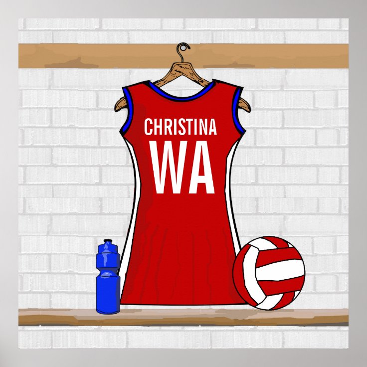 Custom Netball Uniform Red with Blue and White Poster | Zazzle