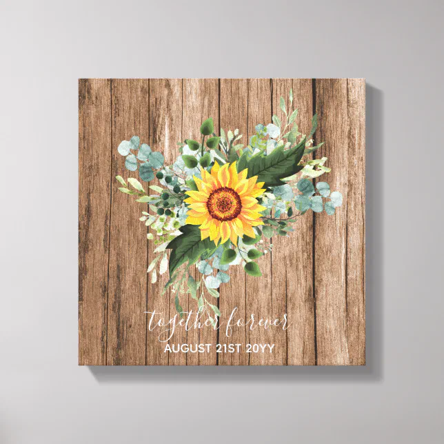 Custom Newlyweds Rustic Sunflowers Eucalyptus Leaf Canvas Print | Zazzle