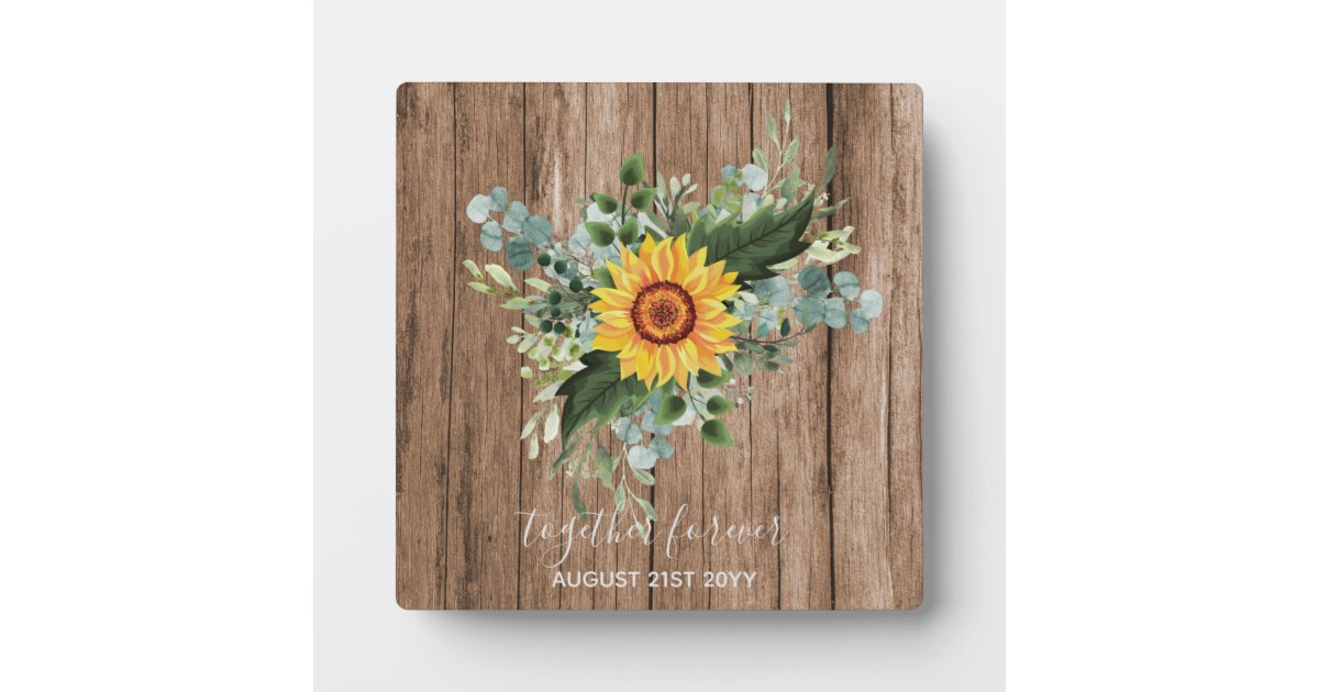 Custom Newlyweds Rustic Sunflowers Eucalyptus Leaf Plaque | Zazzle