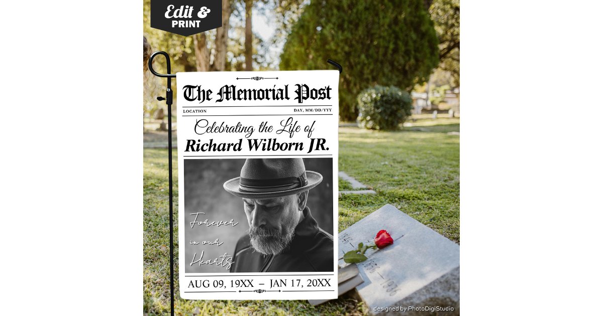 Custom Newspaper Funeral Memorial Photo Cemetery Garden Flag | Zazzle
