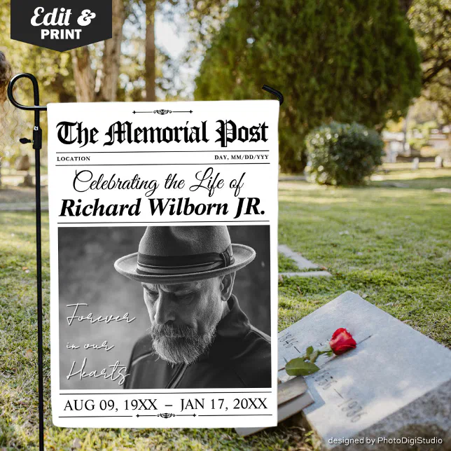 Custom Newspaper Funeral Memorial Photo Cemetery Garden Flag | Zazzle