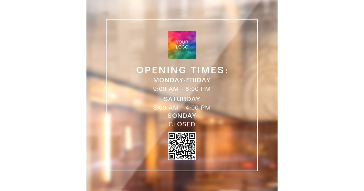 Custom Open Hours Template Business Logo QR Code Window Cling | Zazzle