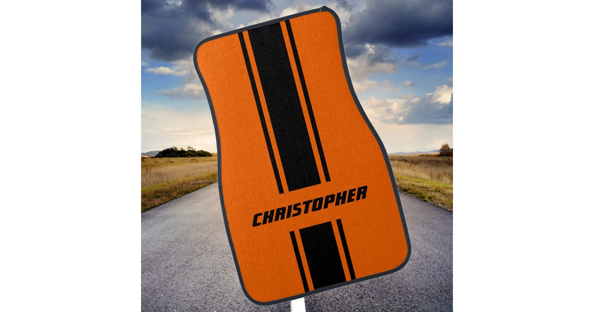 Custom Orange Black Racing Stripes Monogrammed Car Floor Mat | Zazzle