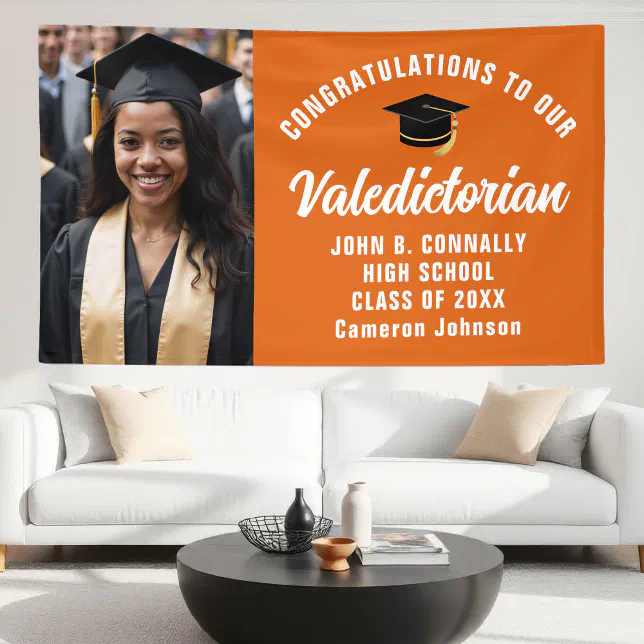 Custom Orange Valedictorian Photo Graduation Party Banner | Zazzle
