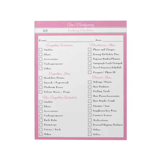 Custom Pageant Packing Checklist for Pageants Notepad | Zazzle