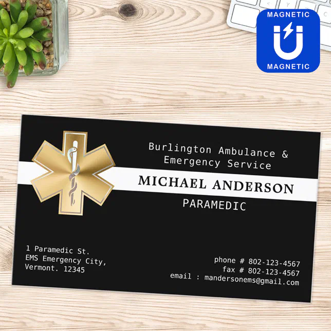 Custom Paramedic EMS EMT Ambulance Gold Logo Business Card Magnet | Zazzle