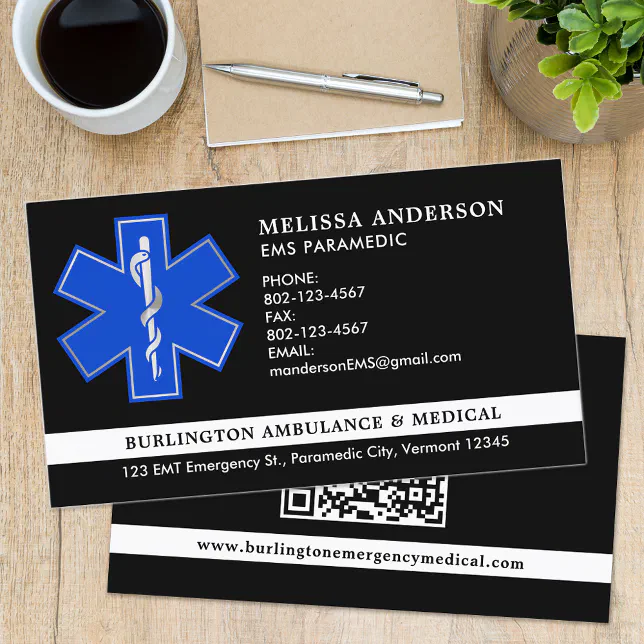 Custom Paramedic EMS EMT Ambulance Logo QR Code Business Card | Zazzle