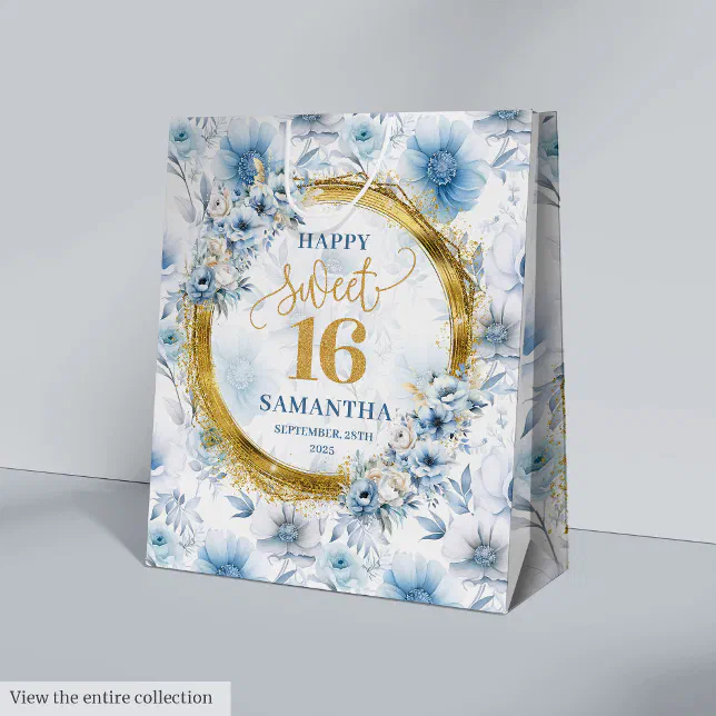Custom Pastel Blue Sweet 16 Gold Glitter Gift Bag | Zazzle
