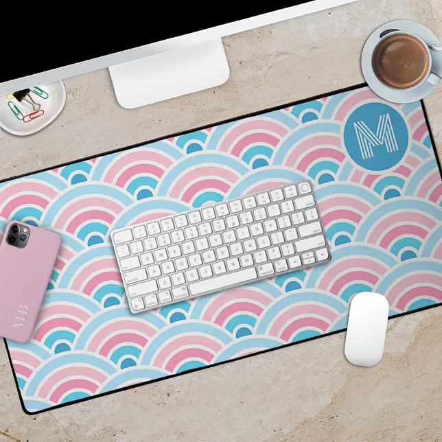 Custom Pastel Blush Pink Blue Waves Art Pattern Desk Mat | Zazzle