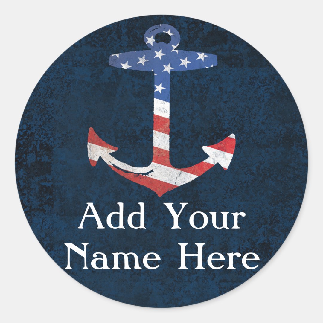 Custom Patriotic American Flag Anchor Nautical Classic Round Sticker ...