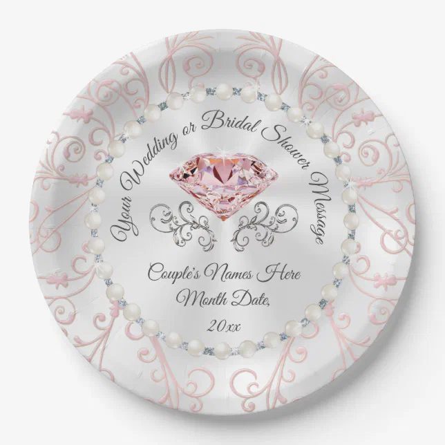 Custom Pearls and Blush Pink Diamond Paper Plates | Zazzle