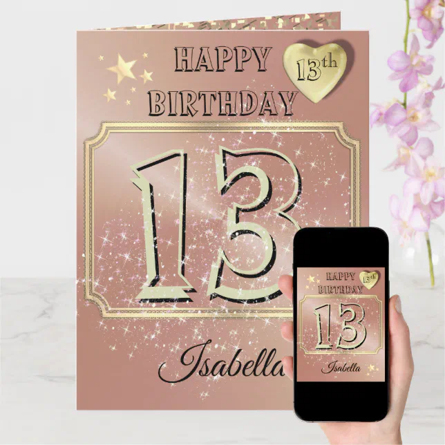 Custom Personalised Rose Gold 13th Birthday Card | Zazzle