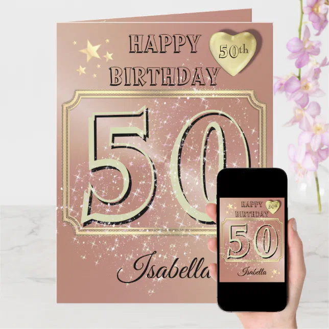 Custom Personalised Rose Gold 50th Birthday Card | Zazzle