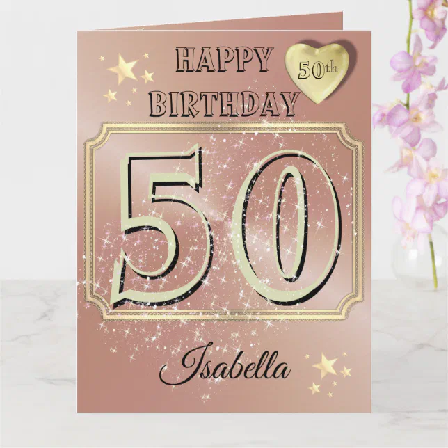 Custom Personalised Rose Gold 50th Birthday Card | Zazzle
