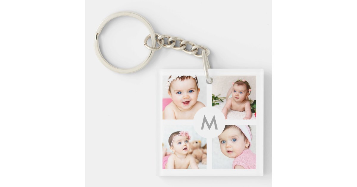 Custom Personalized 8 Photo Collage Monogram White Keychain | Zazzle