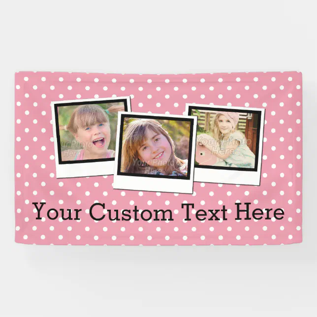 Custom Personalized Girls Pink Polka Dot 3 Photo Banner | Zazzle