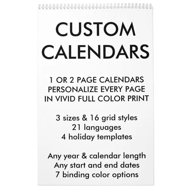 Custom Personalized Single Page 17" x 11" Calendar | Zazzle