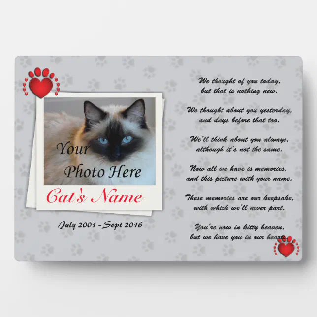 Custom Pet Cat Photo and Poem Memorial Plaque | Zazzle