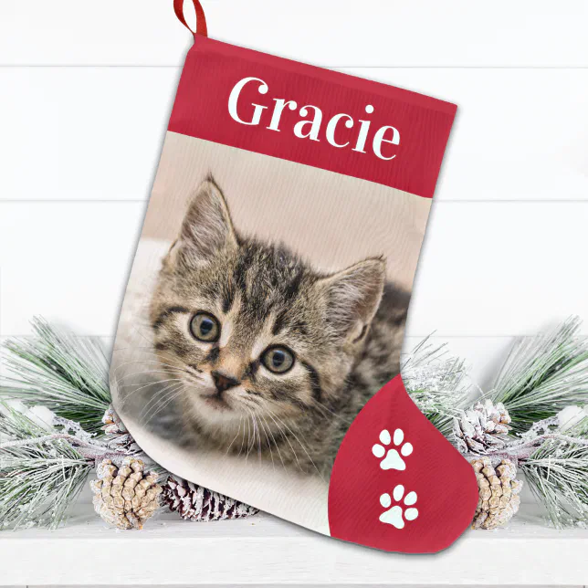 Custom Pet Cat Photo Holiday Red Personalized Large Christmas Stocking ...