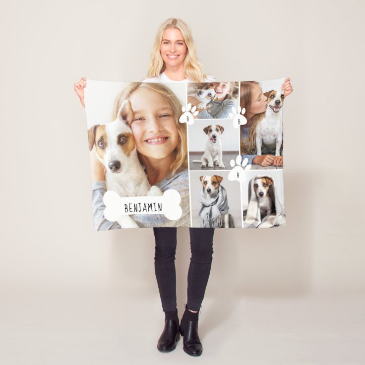 Custom Pet Dog Bone & Paw Print Photo Collage Fleece Blanket | Zazzle
