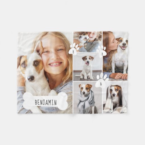 Custom Pet Dog Bone & Paw Print Photo Collage Fleece Blanket | Zazzle