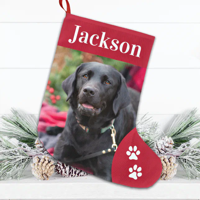 Custom Pet Dog Photo Holiday Red Personalized Large Christmas Stocking ...