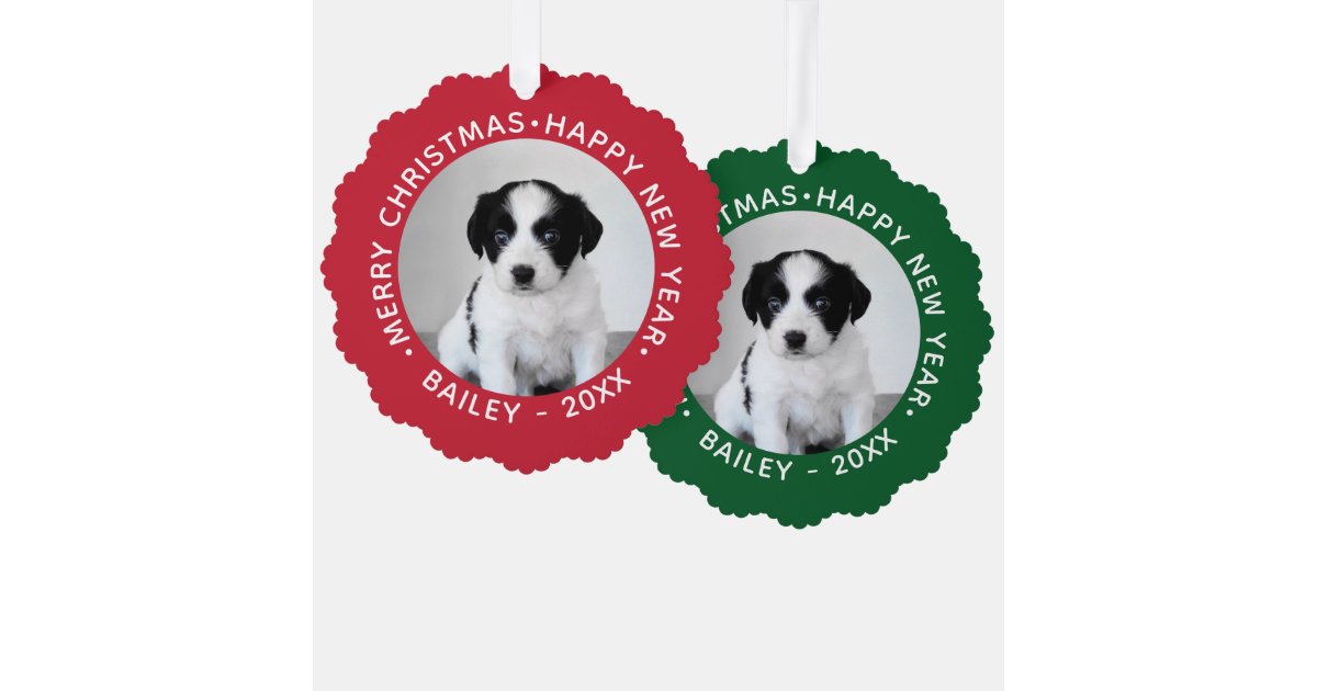 Custom Pet Photo Name Red Green Borders Christmas Ornament Card | Zazzle