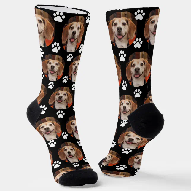 Custom Pet Photo & Paw Prints Black Socks | Zazzle