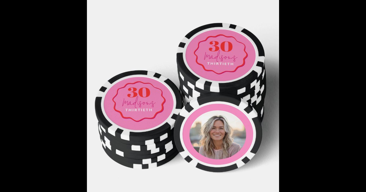Custom Photo 30th Birthday Poker Chip Pink & Red | Zazzle