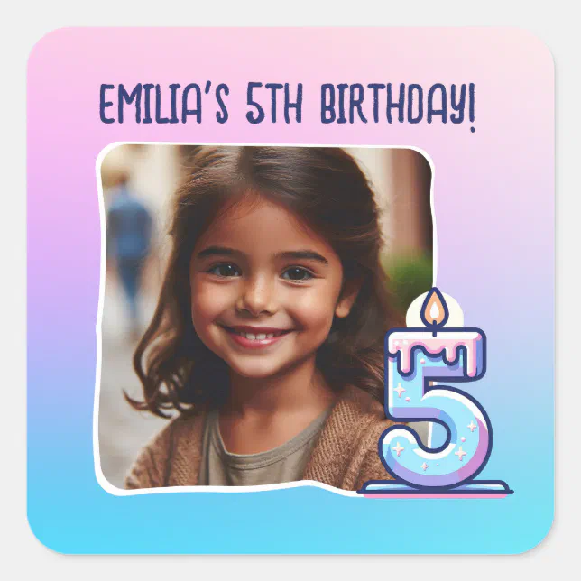 Custom Photo 5th Birthday Party Ombre Gradient Square Sticker | Zazzle