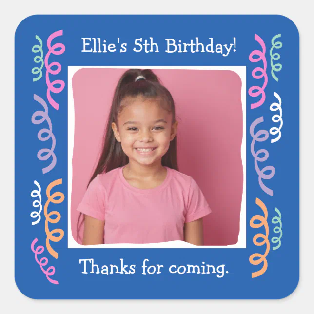 Custom Photo 5th Birthday Party Streamers Square Sticker | Zazzle