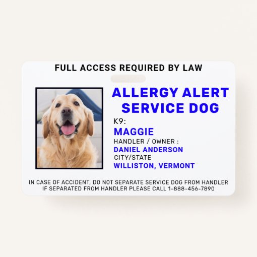 Custom Photo Allergy Alert Service Dog ID Badge | Zazzle