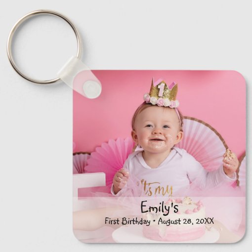 Custom photo and nameBaby girl's first birthday Keychain | Zazzle